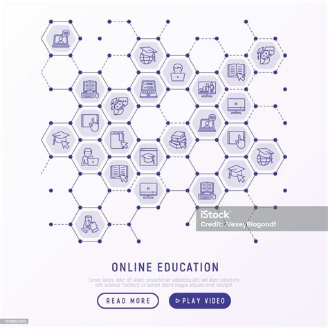 얇은 선 아이콘으로 넓어짐에 온라인 교육 개념 온라인 과정 세미나 전자도 서 비디오 회의 집 공부 졸업 컵에 올빼미 현대 벡터 일러스트 학교 웹 페이지에 대 한입니다 벌