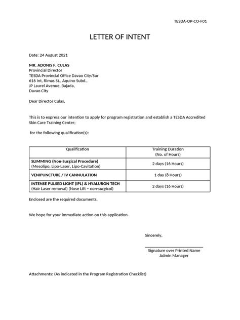 Tesda Letter Of Intent Pdf