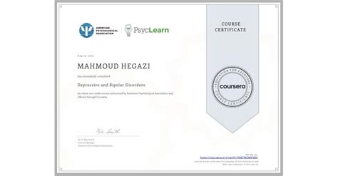 mahmoud hegazi on linkedin completion certificate for depressive and bipolar disorders