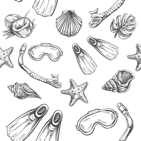 Sin Costura Modelo Con Buceo Equipo Conchas Y Mar Estrellas Mano