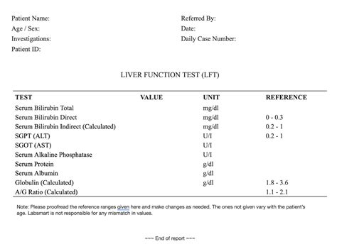 Liver Function Test Lft Report Format Ms Word And Pdf