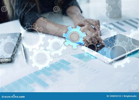 Gears On Virtual Screen Business Strategy And Technology Concept Automation Process Stock