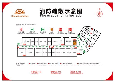 消防逃生安全示意圖代畫設計酒店賓館學校 緊急疏散路線平面圖