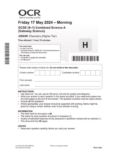 Ocr Gcse 9 1 Combined Science A Gateway Science J250 09 Chemistry Higher Tier May 2024