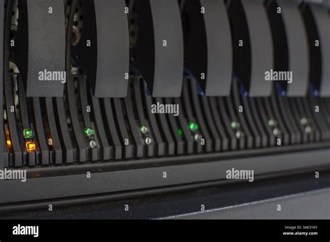 computer server mainframe and harddisk drive raid storage with led error alert sign fail in