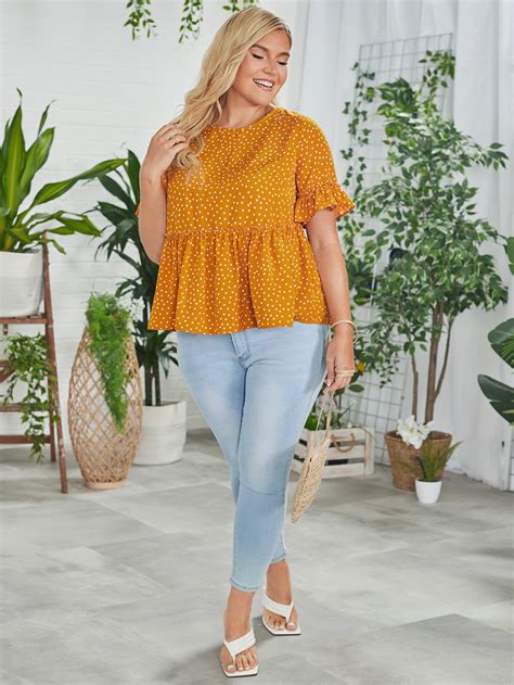 Shein Vcay Plus Polka Dot Flounce Sleeve Peplum Blouse Shein Usa