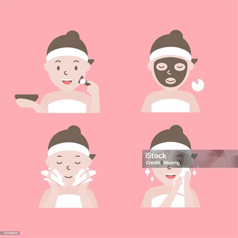 페이셜 마스크를 적용하는 방법을 단계 얼굴 마스킹의 단계와 여자 개체 그룹에 대한 스톡 벡터 아트 및 기타 이미지 개체 그룹