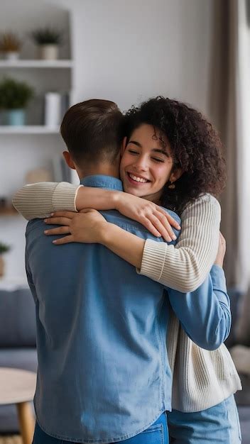 Homem e mulher abraçados na sala de estar para casamento ou