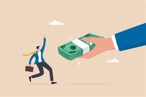 급여 급여 임금 지급 또는 보너스 보상 또는 직원 혜택 세금 환급 또는 투자 이익 수입 대출 또는 모기지 개념 행복한 직원에게 돈 지폐를 주는 사업가 개념에 대한 스톡 벡터