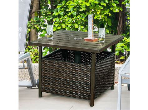 Costway Brown Rattan Wicker Steel Side Table Outdoor Furniture Deck