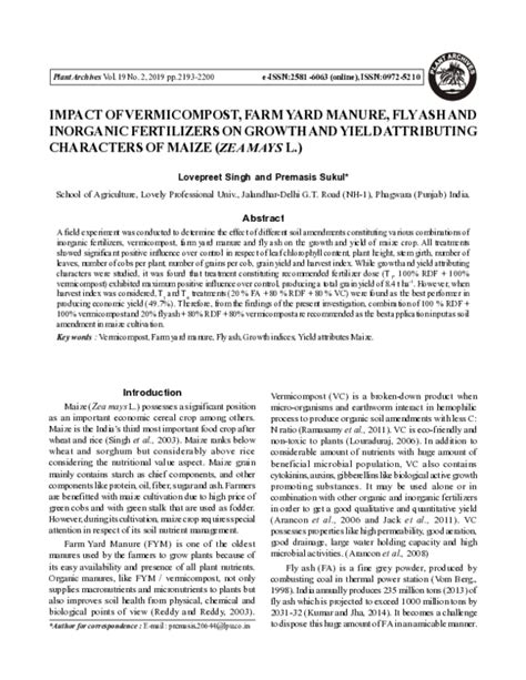 Pdf Impact Of Vermicompost Farm Yard Manure Fly Ash And Inorganic