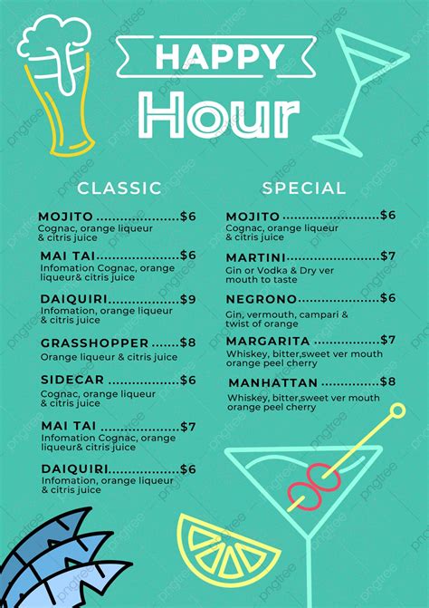 Green Color Lineart Style Happy Hour Drink Promotion Menu Template
