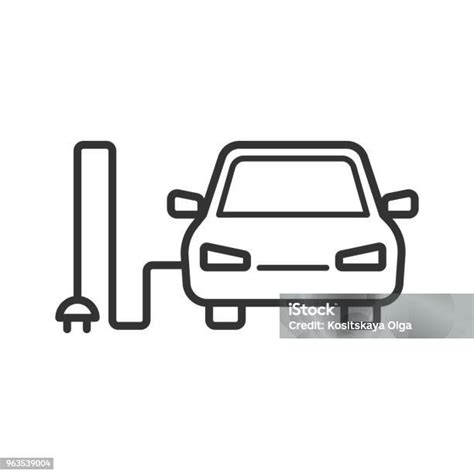 黑色獨立的電動轎車輪廓圖示白色背景電動車的線圖示向量圖形及更多電動交通工具圖片 電動交通工具 交通方式 剪裁圖 Istock