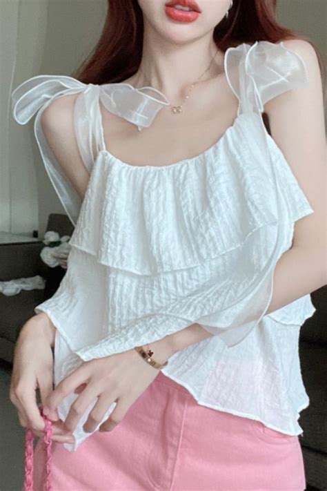 핑크프릴 요정 리본 스트랩 케이크 프릴 나시 탑