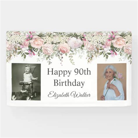 Happy 90th Birthday Pink Roses Floral 2 Photos Banner Zazzle