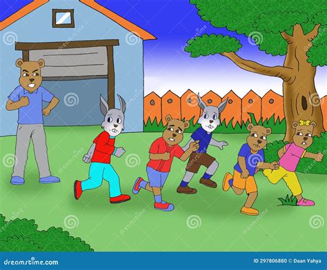 Illustration Of A Bear Cub And A Rabbit Cub Running Scared Seeing The