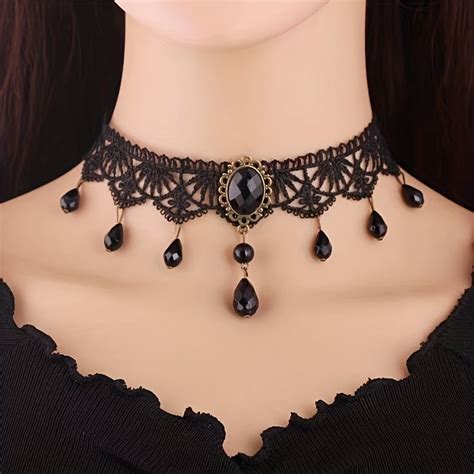 Temu｜vintage Gothic Style Black Rhinestone Lace Necklace Clavicle Chain