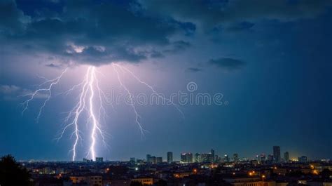 Spectacular Nighttime Electric Lightning Bolt Striking Near City Water