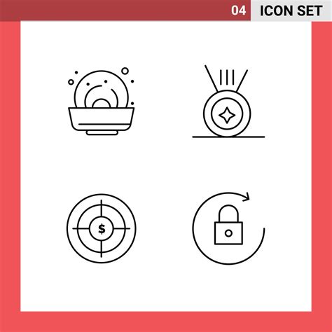 4 Universal Line Signs Symbols Of Mussel Target Medal Business Lock Editable Vector Design