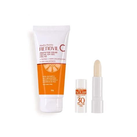 Protetor Solar Facial Gel FPS Vitamina C Protetor Solar Labial FPS Abelha Rainha