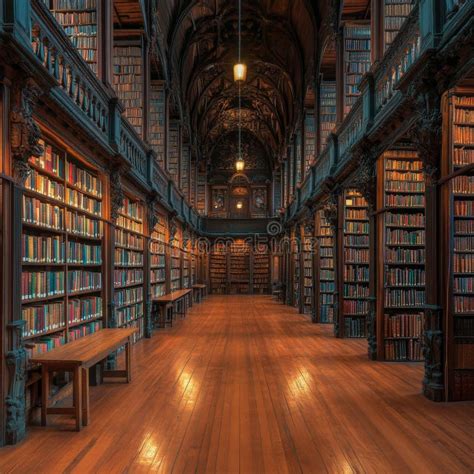 Inside A Classic Library Wooden Bookshelves Overflow With An Extensive