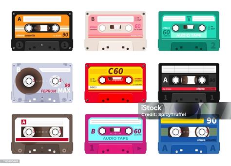 레트로 카세트 빈티지 1980 년대 음악 테이프 Dj 레 이브 파티 믹스 현실적인 스테레오 레코드 집합입니다 벡터 오래 된 학교 음악 카세트 오디오 카세트에 대한 스톡 벡터