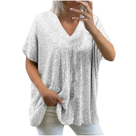 Bcresic On Sale Sparkly Sequin Shirt For Womens Deep V Neck Pullover