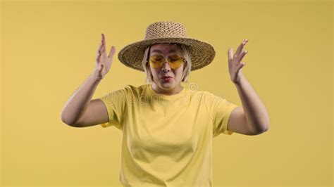 Big Large Concept Woman Showing Invisible Abstract Subject Or Object