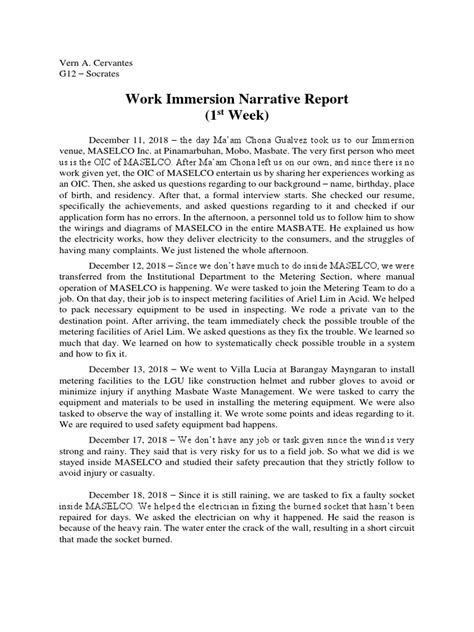 Work Immersion Narrative Report 1 Week Pdf Electrician Transformer