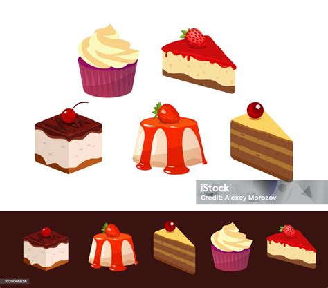 흰색과 검은색 어두운 배경에 고립 된 아이콘 디저트 요리 벡터 일러스트 레이 션의 설정 체리에 대한 스톡 벡터 아트 및 기타 이미지 체리 치즈케이크 검은색 Istock