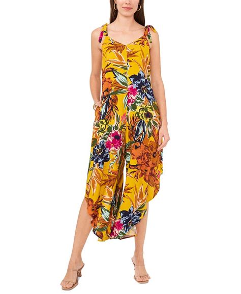 Vince Camuto Womens Floral Tie Shoulder Angled Hem Jumpsuit Macys