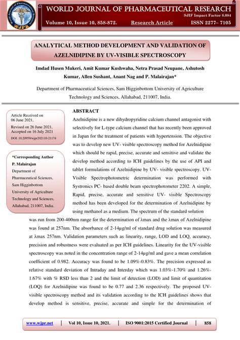 Pdf Analytical Method Development And Validation Of Azelnidipine By