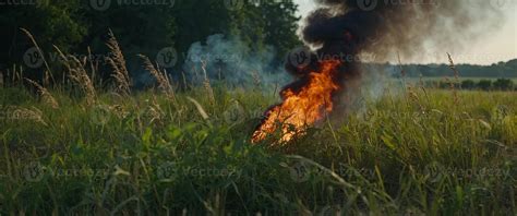 Burning Grass In A Field With Wild Weeds And Green Natural Backdrop