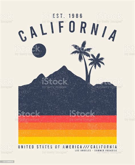 야자수와 산이 있는 캘리포니아 티셔츠 디자인 그런지가 있는 티셔츠용 타이포그래피 그래픽 빈티지 의류 프린트 벡터 캘리포니아에 대한 스톡 벡터 아트 및 기타 이미지 Istock