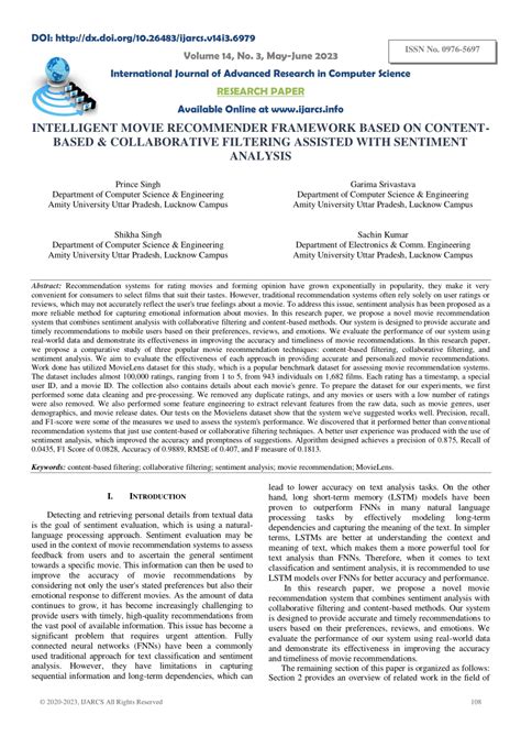 PDF INTELLIGENT MOVIE RECOMMENDER FRAMEWORK BASED ON CONTENTBASED COLLABORATIVE FILTERING