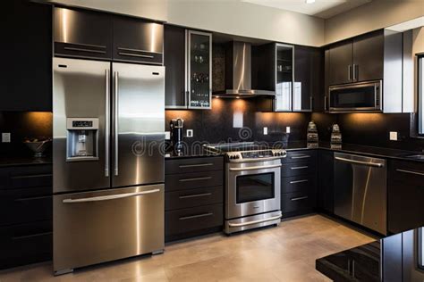 Modern Kitchen With Stainless Steel Appliances And Black Granite