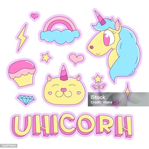 마법의 유니콘 고양이 무지개 다이아몬드 번개 스타 심장 모자케이크 마법 지팡이 비문 유니콘트렌디 한 스티커 팩 스티커 아이콘 핀