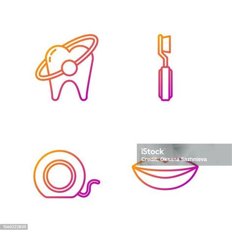 세트 라인 웃는 입술 치실 치아 미백 개념 및 칫솔 그라데이션 색상 아이콘입니다 벡터 건강 진단에 대한 스톡 벡터 아트 및 기타