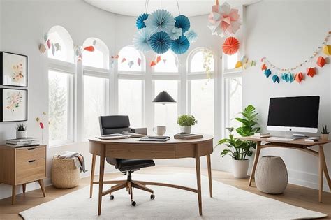 Premium Photo A Home Office With A Circular Desk And Hanging Origami