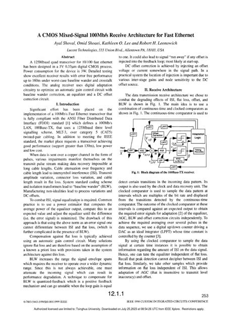 A Cmos Mixed Signal 100 Mb S Receive Architecture For Fast Ethernet