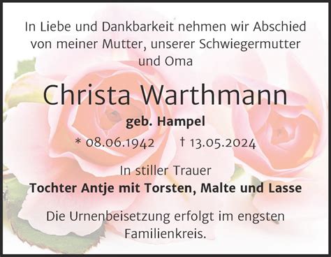 Traueranzeigen Von Christa Warthmann Abschied Nehmen De