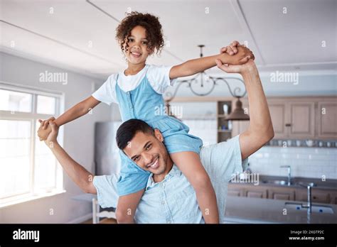 Portrait Dad And Girl On Shoulder In House For Playful Game