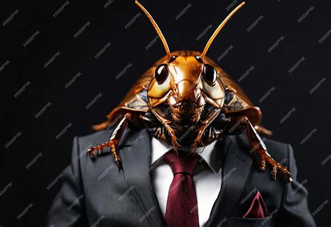 Cockroach In Business Suit And Tie On A Black Background Premium Ai