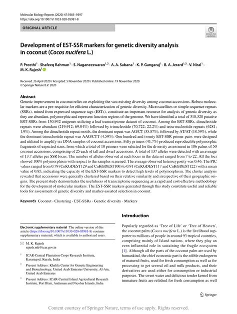 Development Of Est Ssr Markers For Genetic Diversity Analysis In