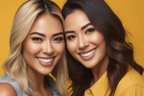 Premium AI Image Portrait Of Two Busty Female Friends Smile And Standing Together Wearing