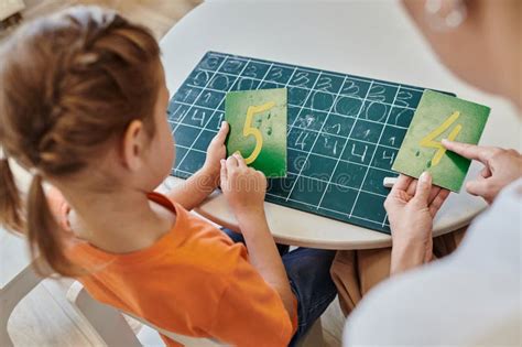 Clever Girl And Teacher Pointing At Stock Image Image Of Numbers