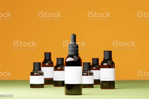 유리 항아리 작은 병과 녹색과 노란색 배경에 점 적기 아름다움과 건강 생산의 3d 렌더링 모형 디자인 3차원 형태에 대한 스톡