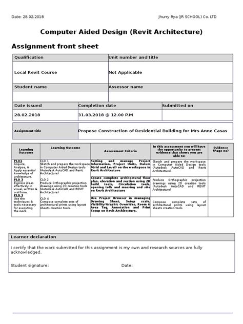 Computer Aided Design Revit Architecture Assignment Front Sheet Pdf Autodesk Revit Auto Cad