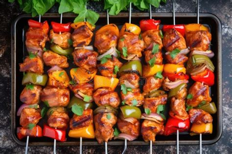 Top Down Shot Of Skewers Filled With Marinated Pork Chunks Stock