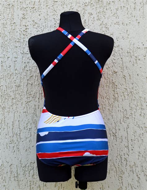 Vintage 80s One Piece Swimsuit Colorful Bathing Suit White Red Blue Mid
